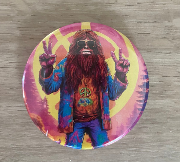 Hippie Bigfoot throwing the Peace Sign Button Pin – Sasquatch The Legend