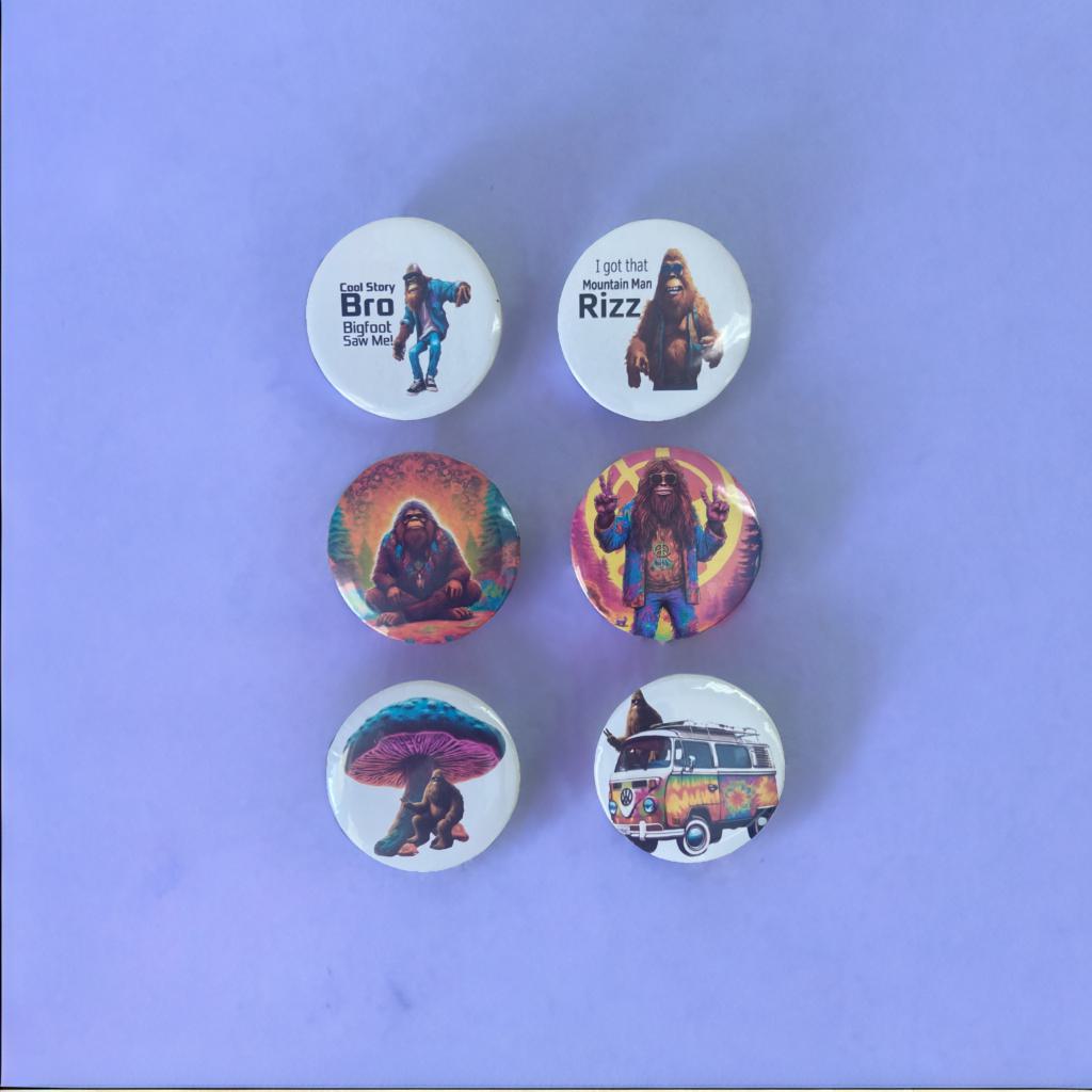 6-Pack of Trendy, Hippy, Gen Z Bigfoot Button Pins – Sasquatch The Legend